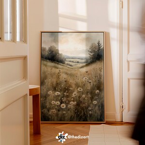 Printable Rustic Wildflower Field Landscape Wall Art, Countryside White ...