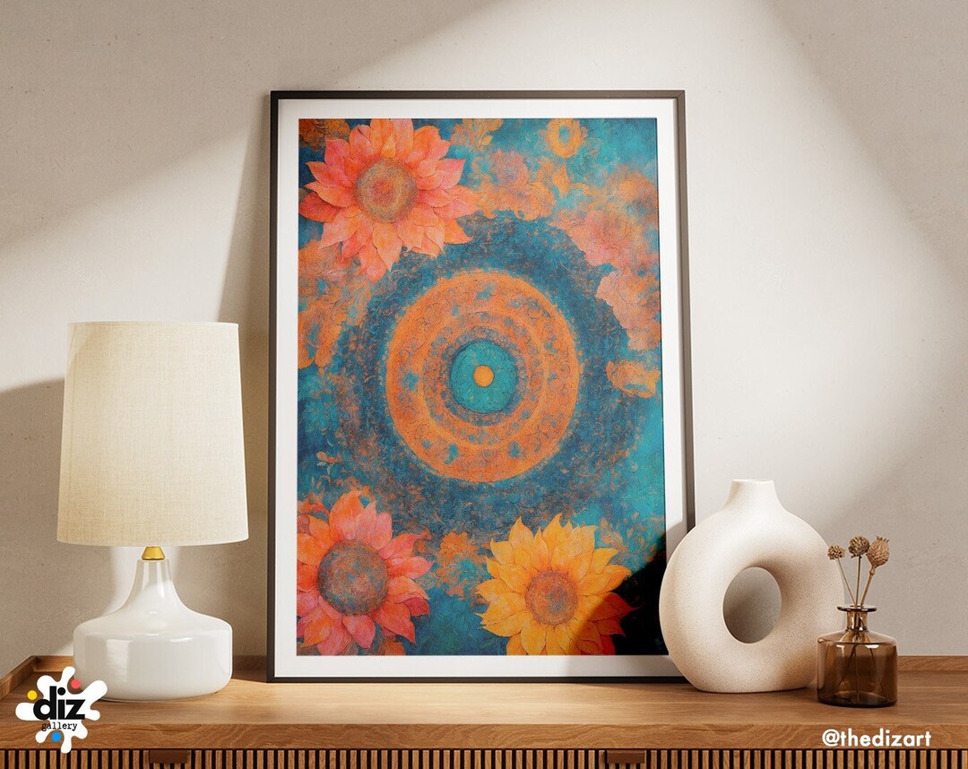 Celestial Sunflower Mandala Art Print, Warm Tones Floral Digital ...