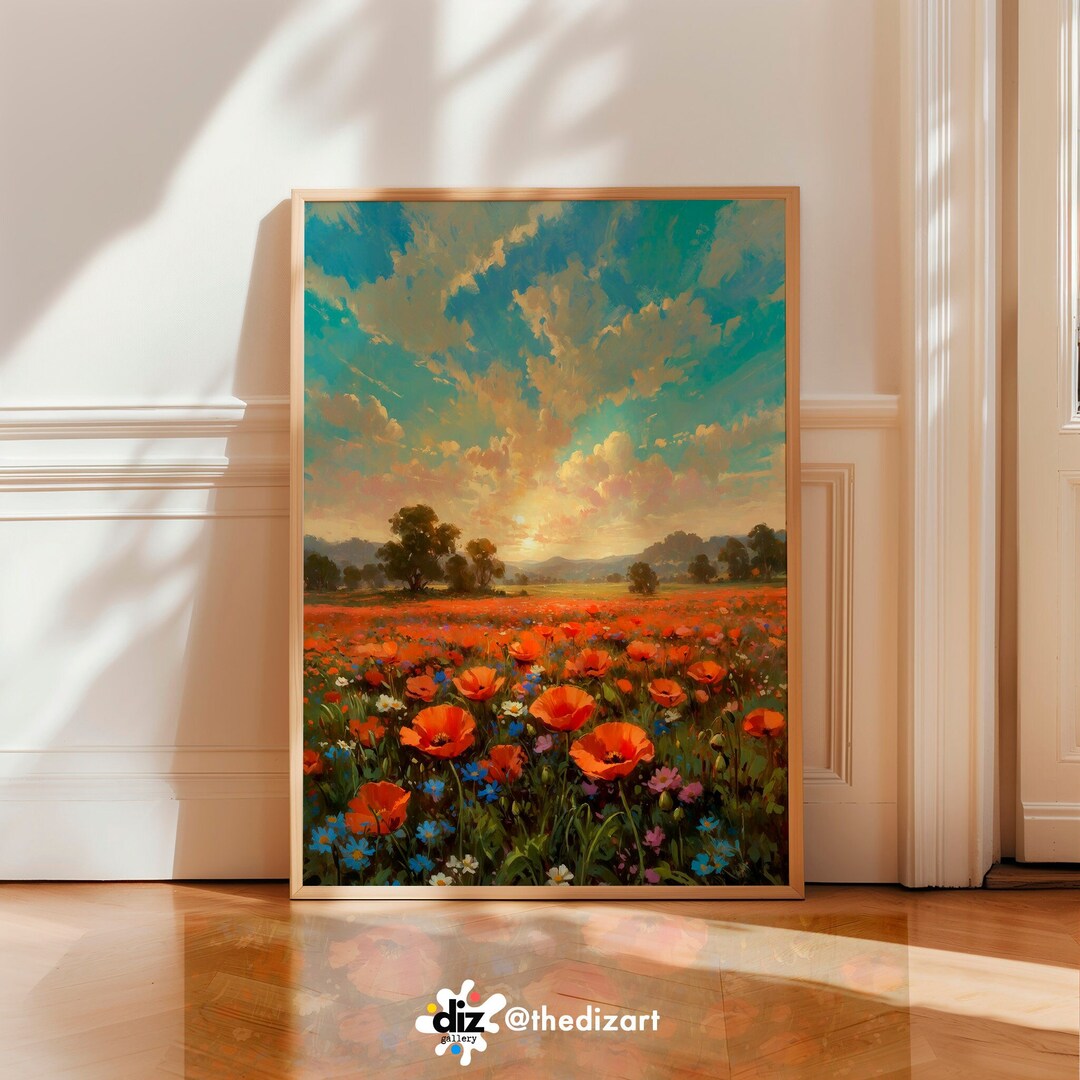 Poppy Sunset Landscape Art Print - Red Poppy Wall Art, Vintage ...