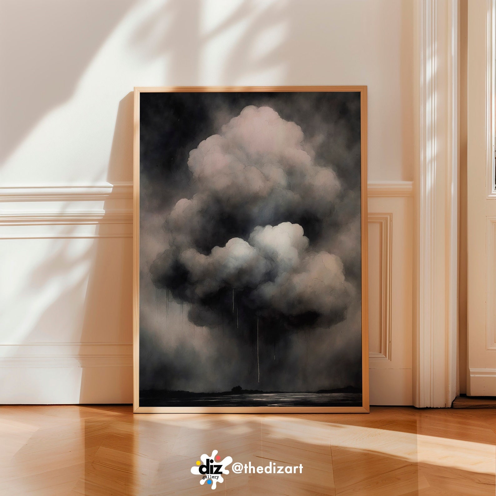 Rain Cloud Watercolor Wall Art, Floating Moody Cloud Painting, Dark ...