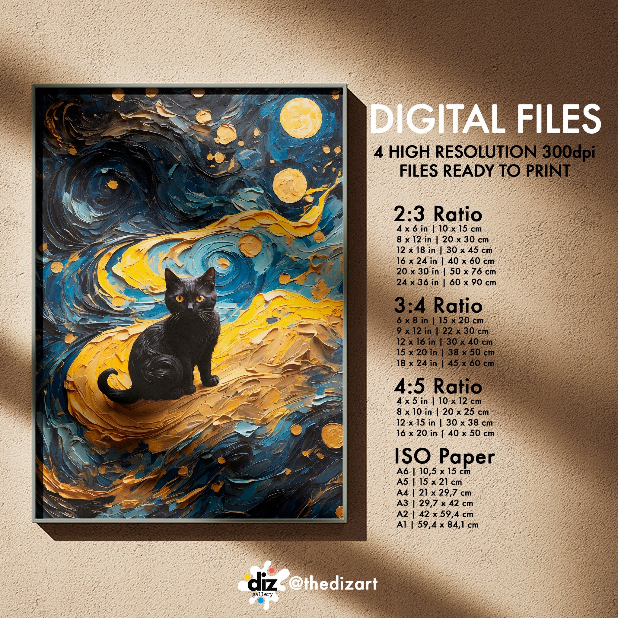 Van Gogh STARRY NIGHT Black Cat ART, Pet Animal & Starry Moon Painting ...