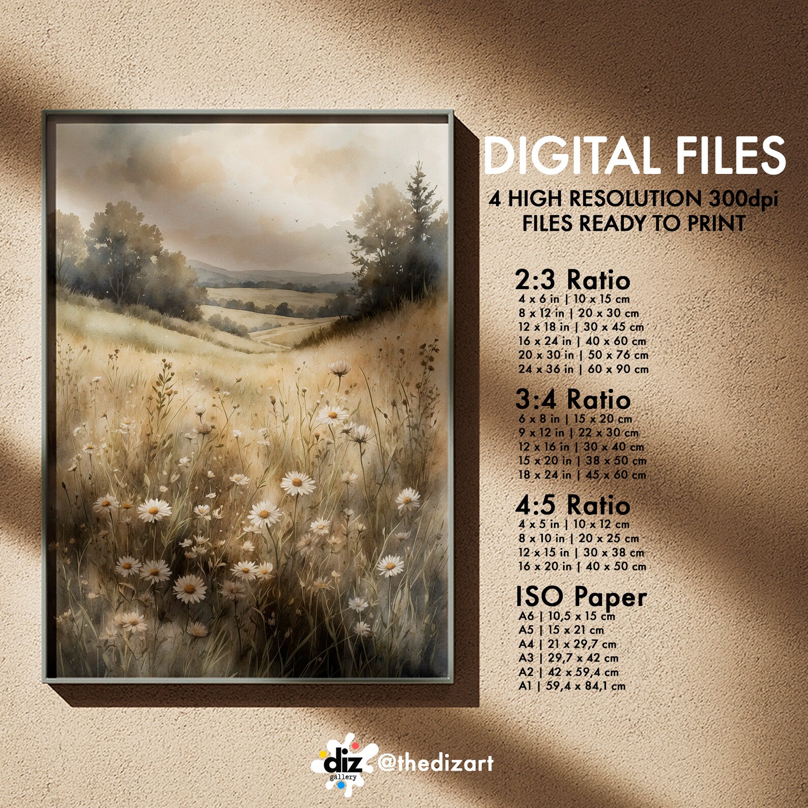 Printable Rustic Wildflower Field Landscape Wall Art, Countryside White ...