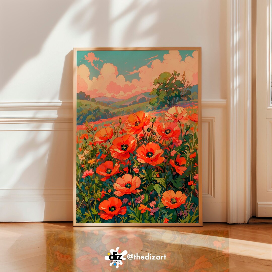 Poppy Field Wall Art Print - Floral Painting, Botanical Wall Art, Red ...