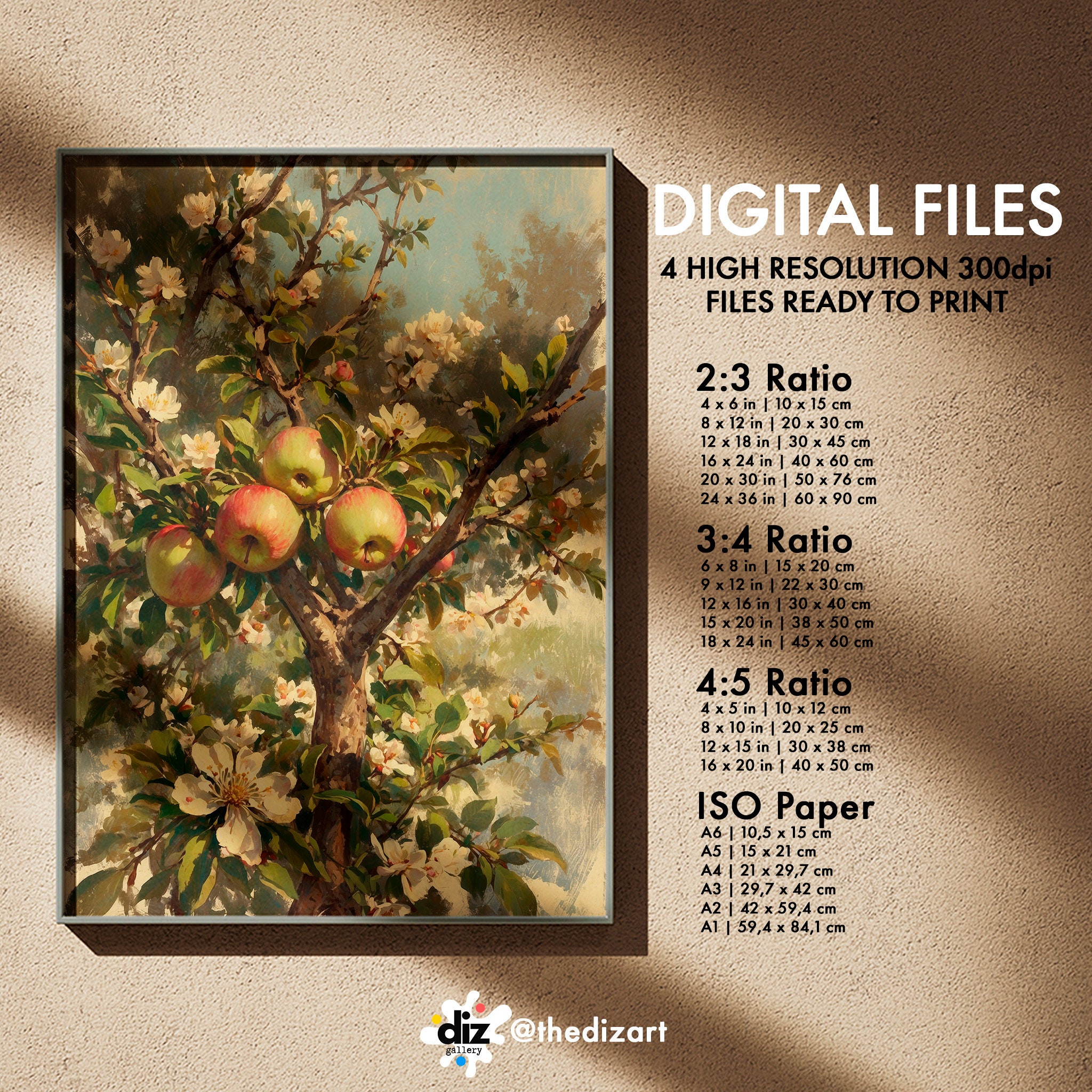 Apple Tree Art Print Vintage Botanical Wall Art, Apple Tree Painting ...