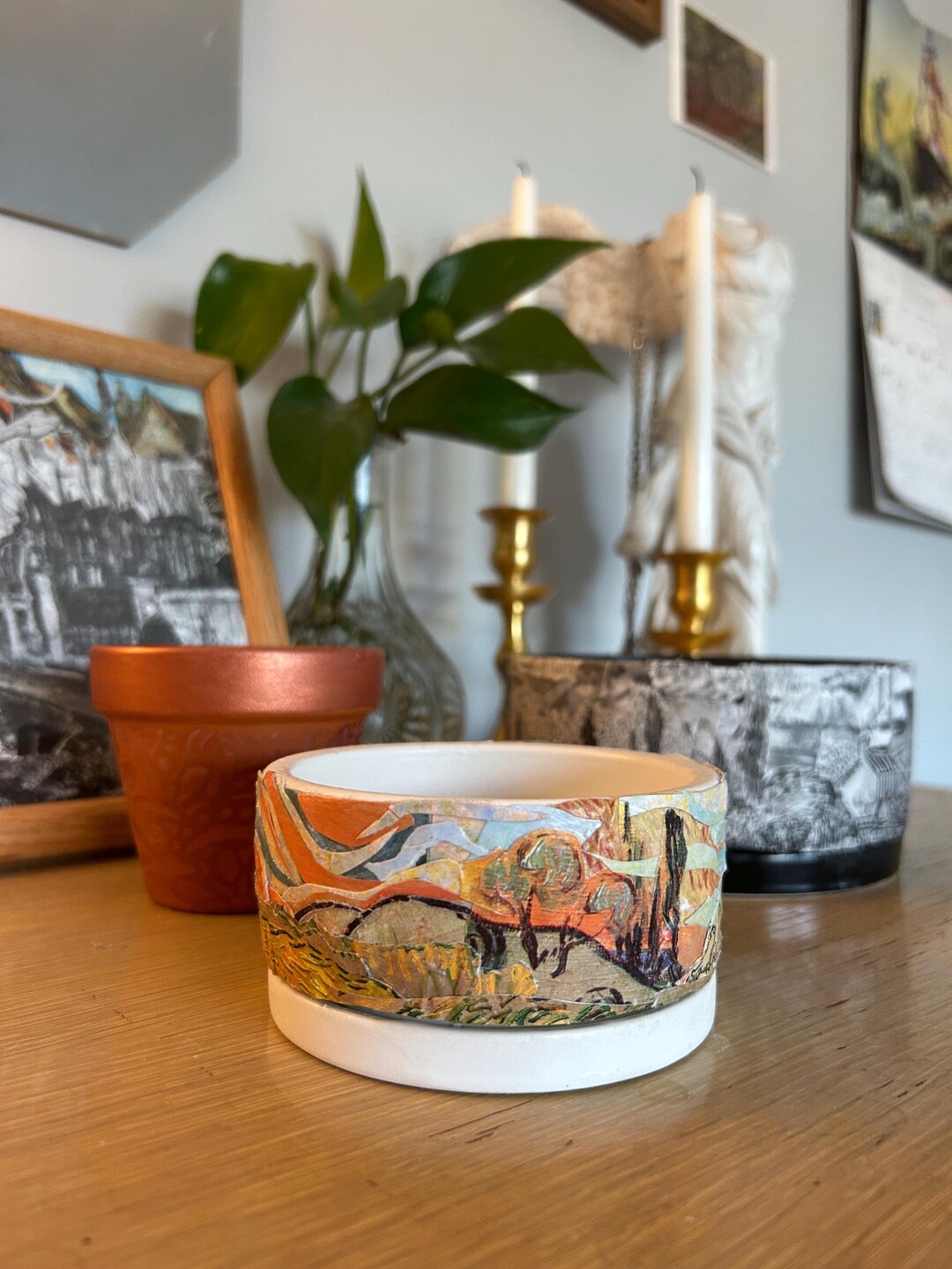 Landscape Sunset Collage Planter; Handcrafted Collage Art; Autumn Cozy ...