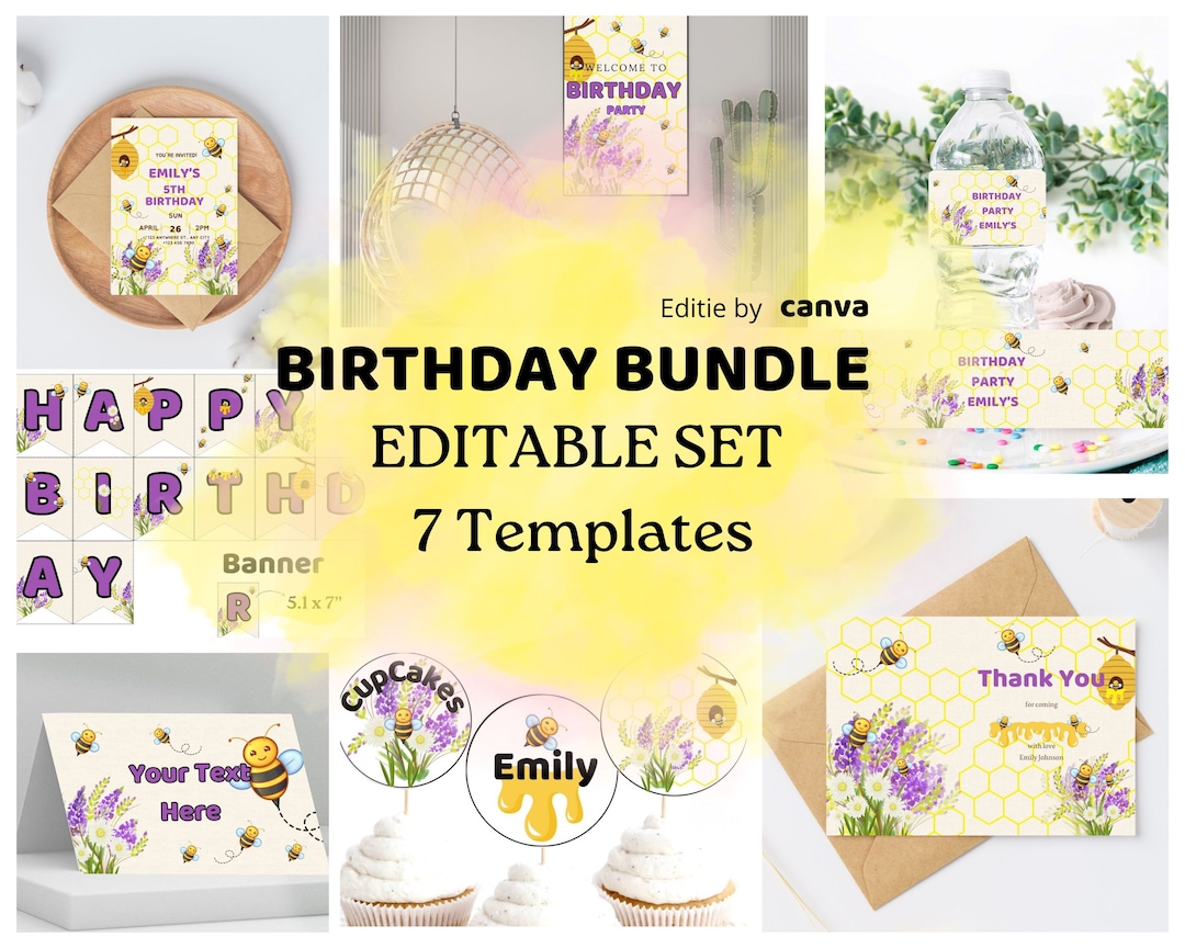 April Birthday Bundle: Bee and Lavender Theme Party Kit - Canva ...