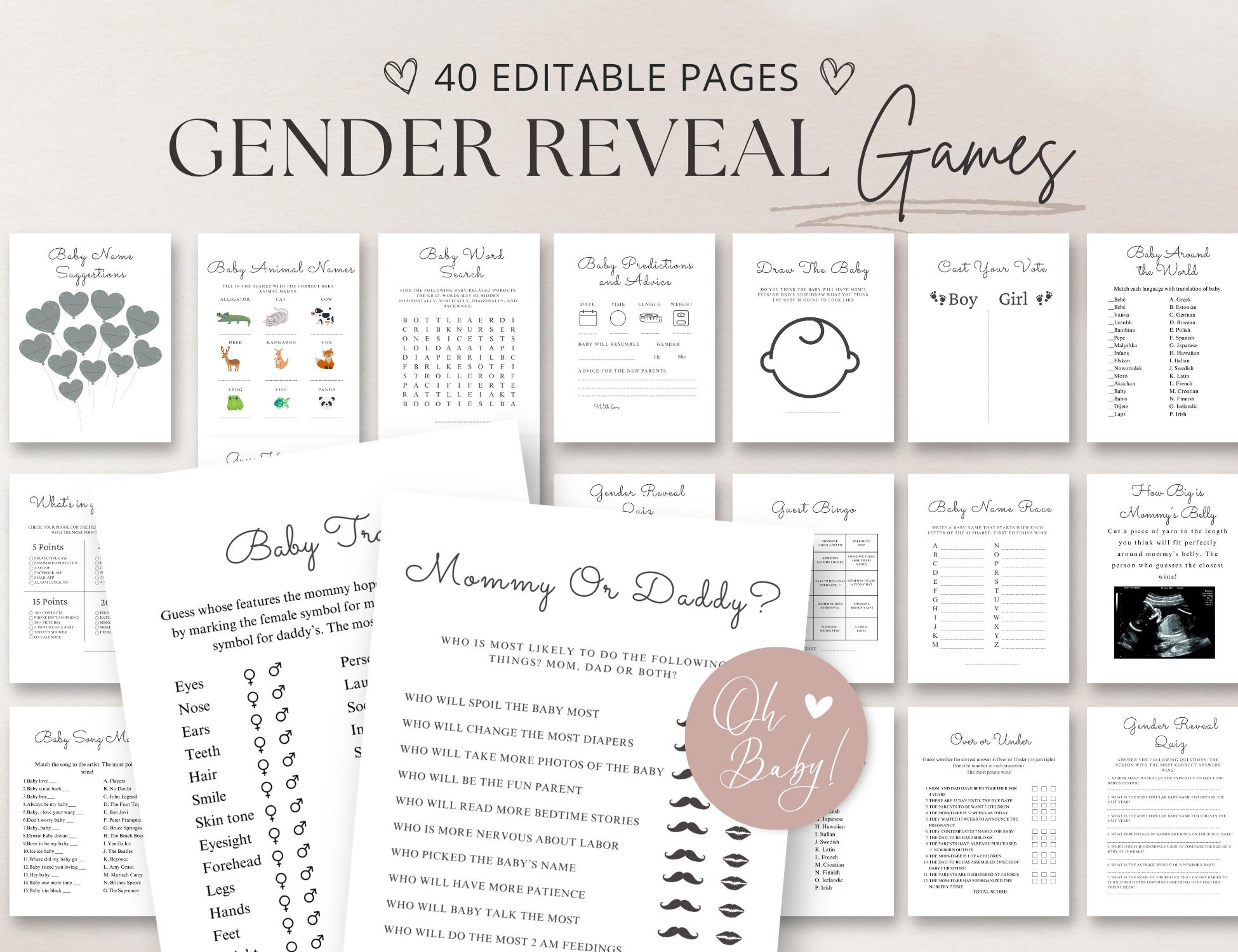Minimalist Gender Reveal Games Bundle, Modern Trivia (editable in Canva ...