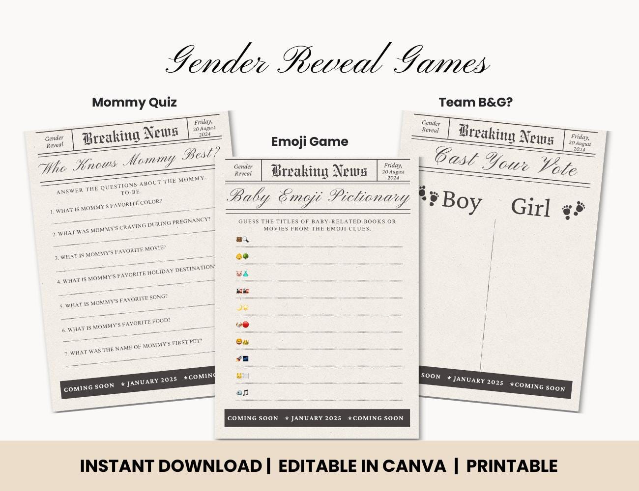 Gender Reveal Games, Baby Newspaper Games, Editable Gender Reveal ...
