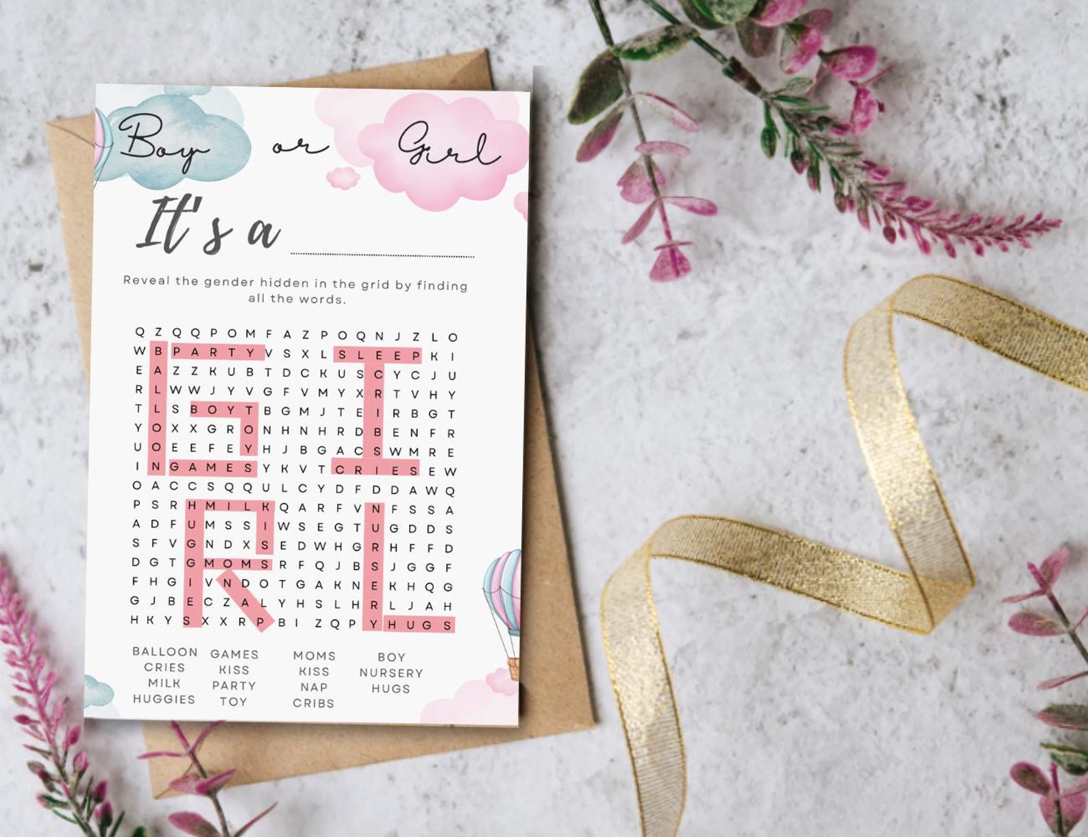 Gender Reveal Word Search Activity, Baby Shower Game - Boy or Girl ...