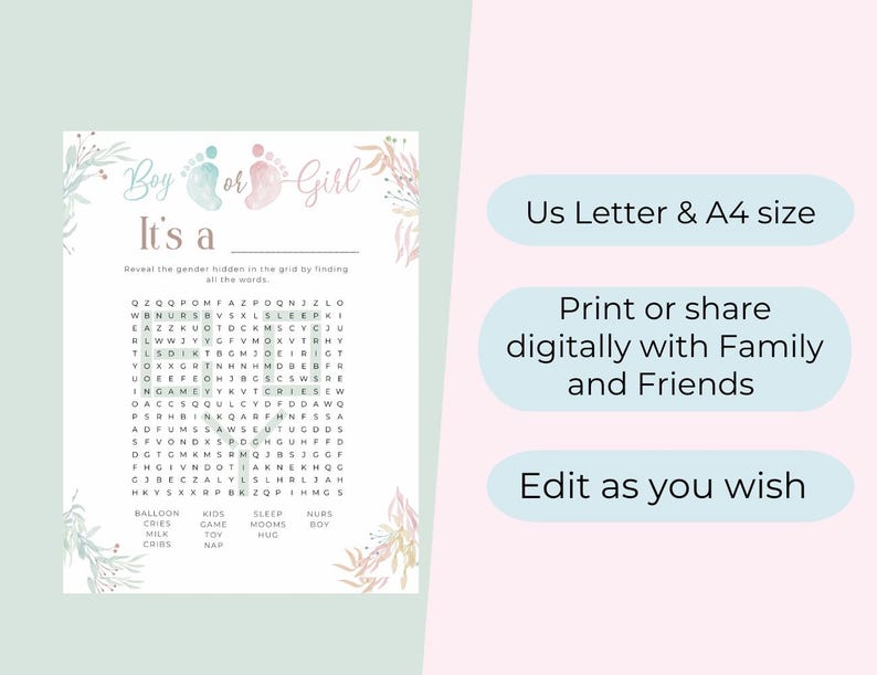 Gender Reveal Games, Word Search Puzzle (printable Canva Template) - Etsy