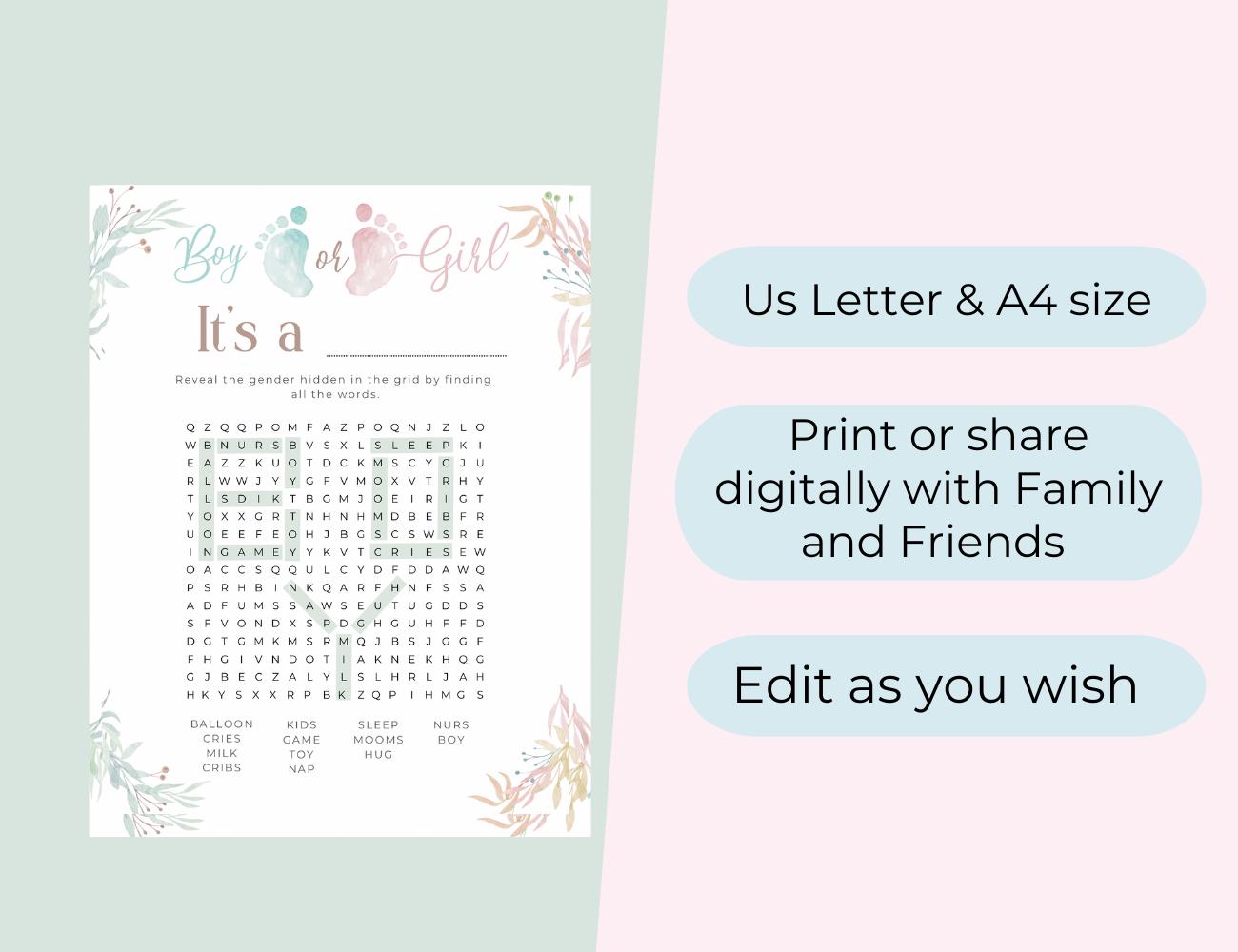 Gender Reveal Games, Word Search Puzzle (printable Canva Template) - Etsy