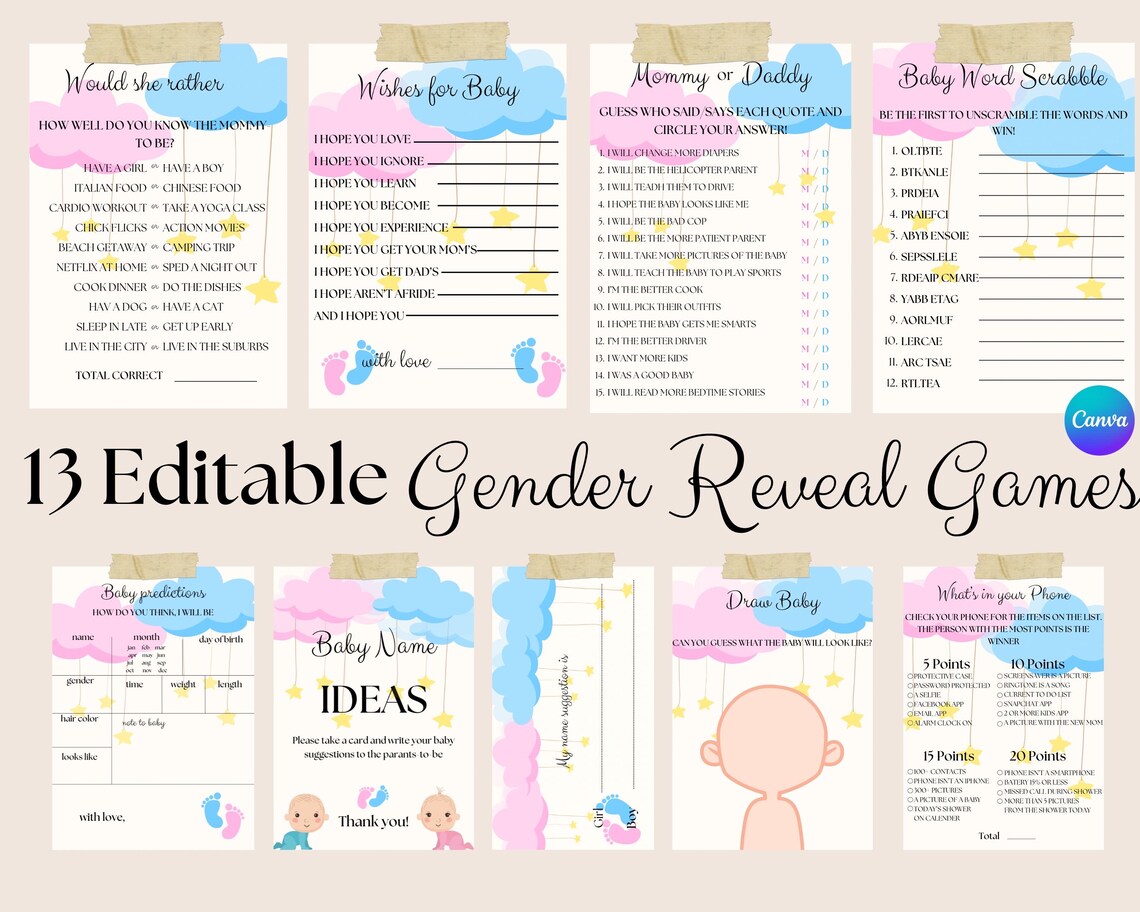 Gender Reveal Games Set | Printable Gender Reveal Party Games | Baby ...