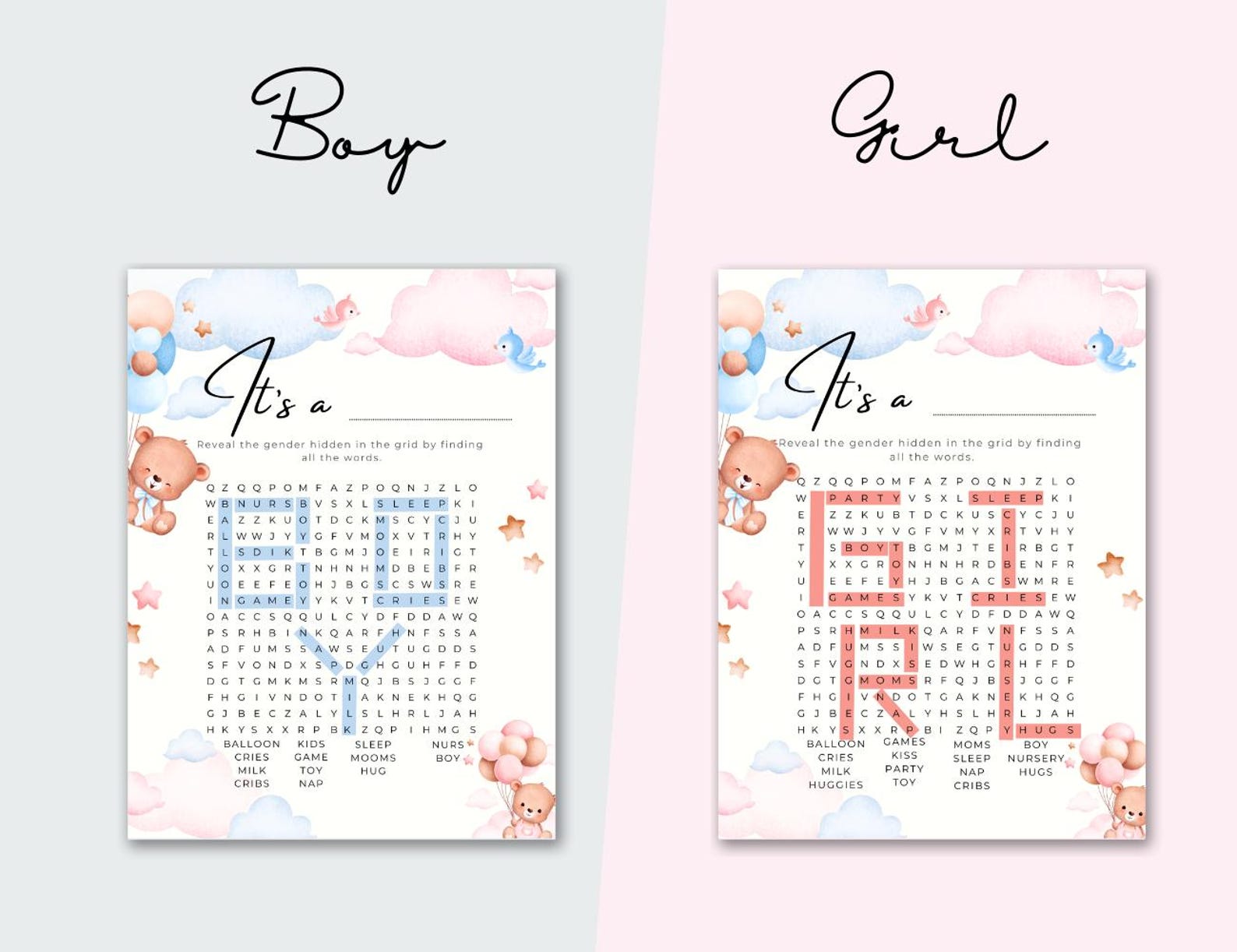 Gender Reveal Word Search Activity, Baby Shower Game - Boy or Girl ...