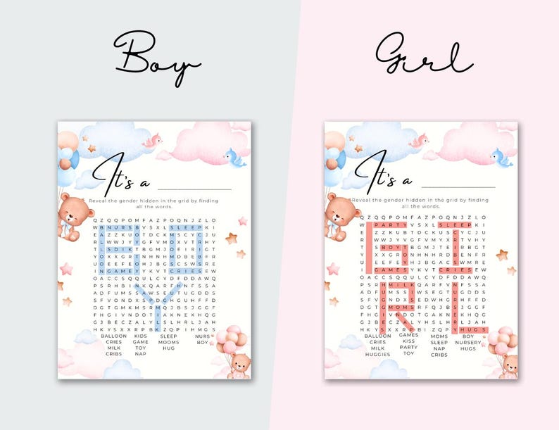 Gender Reveal Word Search Activity, Baby Shower Game - Boy or Girl ...