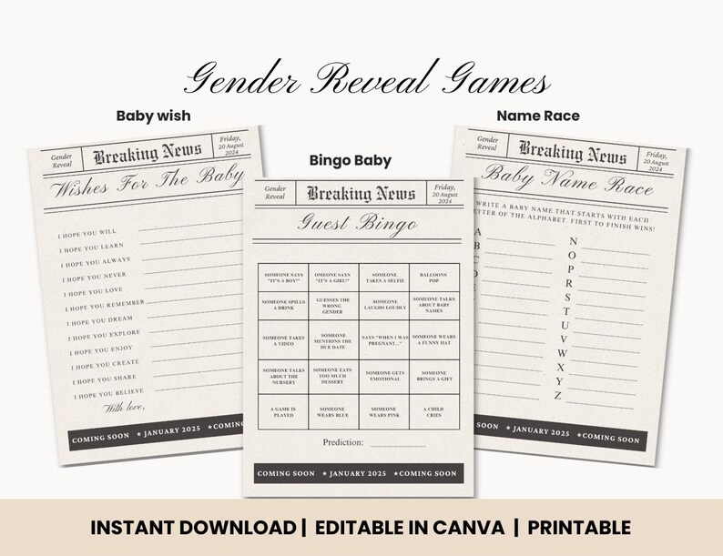 Gender Reveal Games, Baby Newspaper Games, Editable Gender Reveal ...