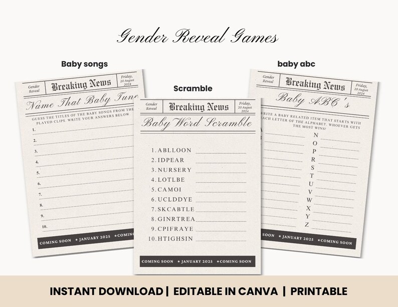 Gender Reveal Games, Baby Newspaper Games, Editable Gender Reveal ...