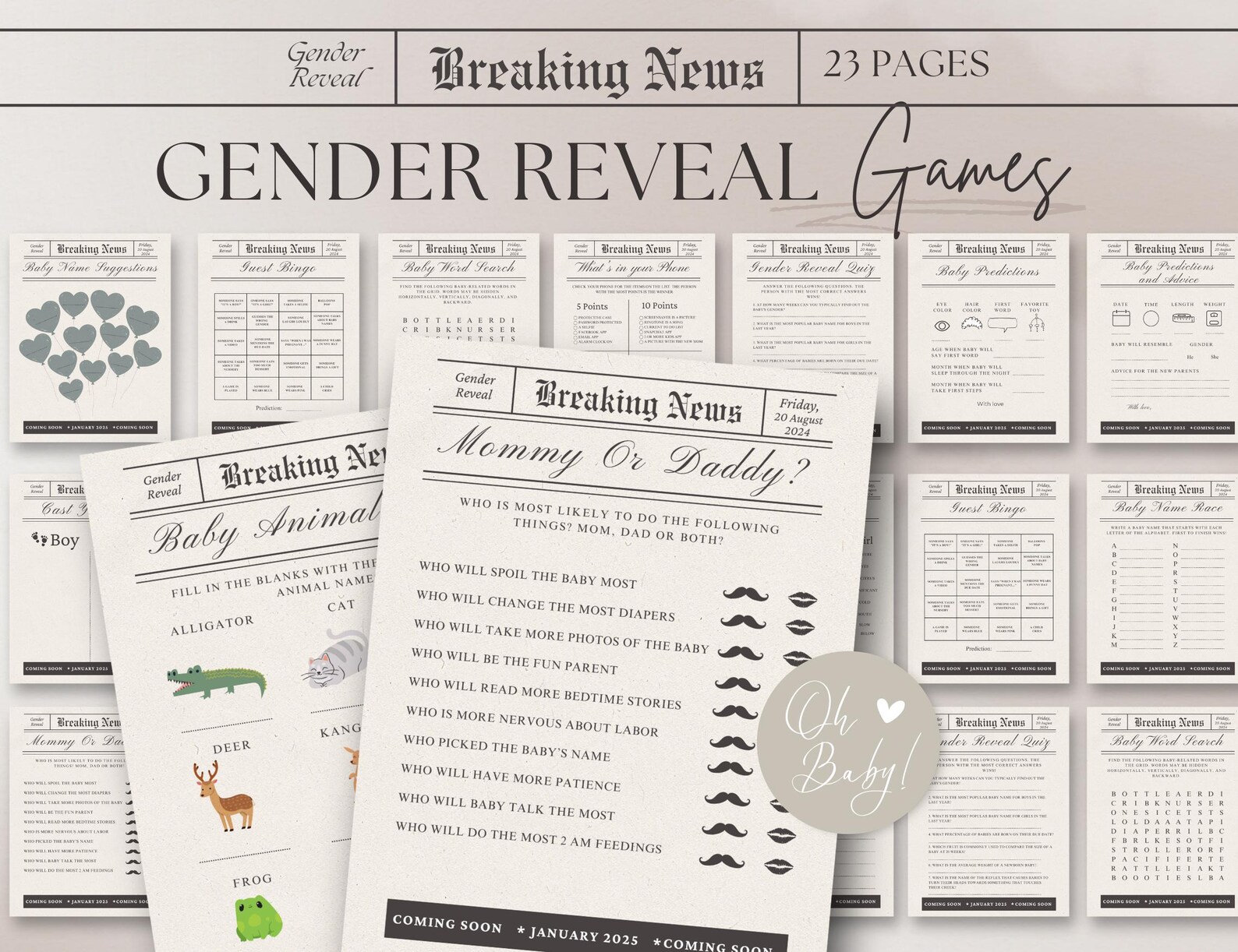 Gender Reveal Games, Baby Newspaper Games, Editable Gender Reveal ...