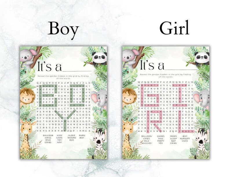 Safari Gender Reveal Word Search Activity, Baby Shower Game - Boy or ...