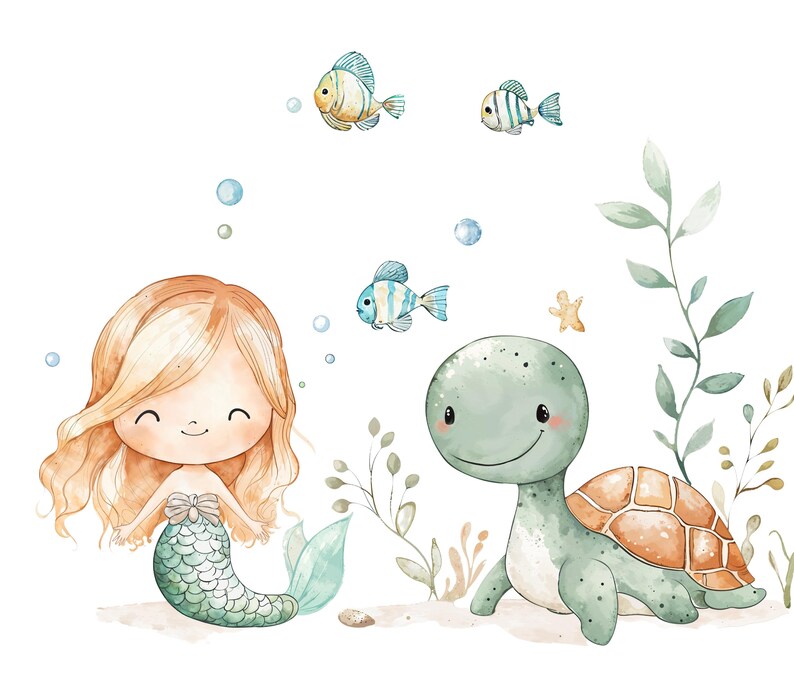 Watercolor Sea Life Clipart - Little Mermaid, Turtles, Fish, Octopus ...