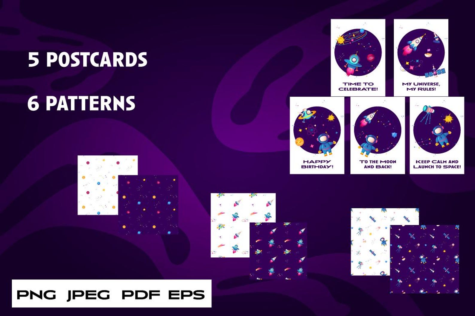 Space Clipart, Patterns, and Cards Collection 26 Elements 6 Seamless ...