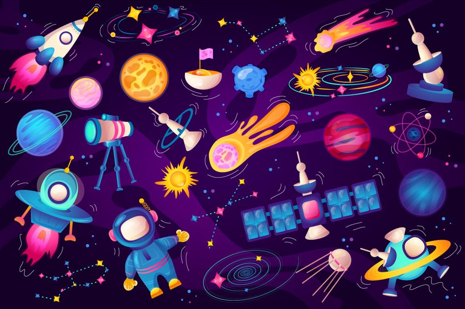 Space Clipart, Patterns, and Cards Collection 26 Elements 6 Seamless ...