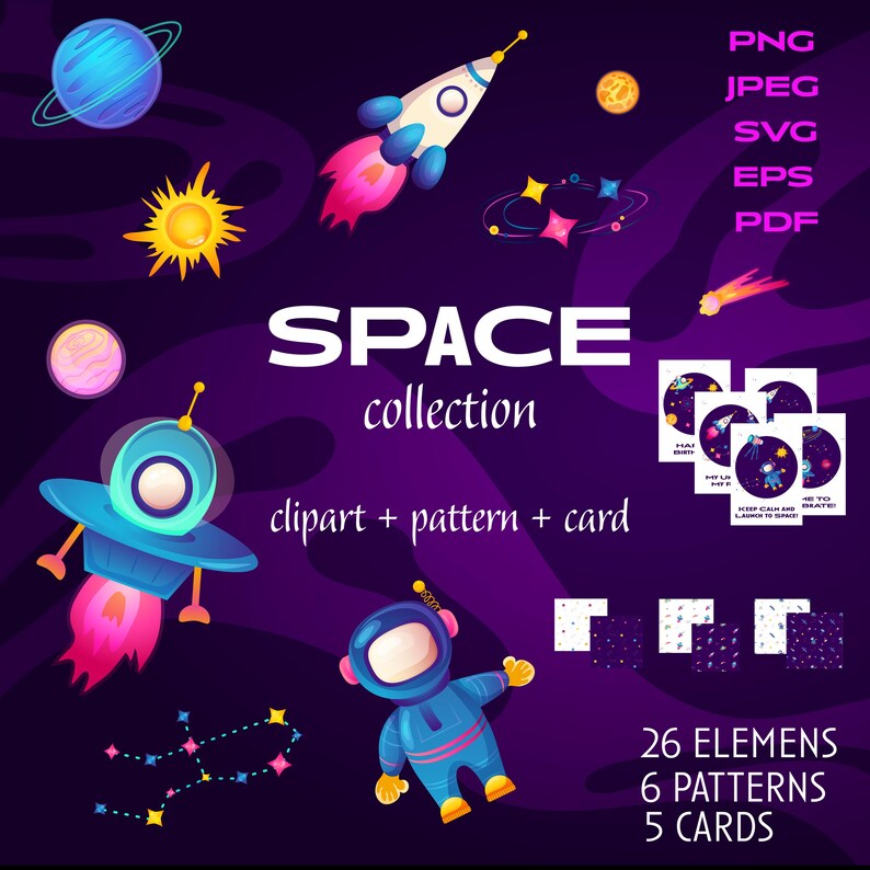 Space Clipart, Patterns, and Cards Collection 26 Elements 6 Seamless ...