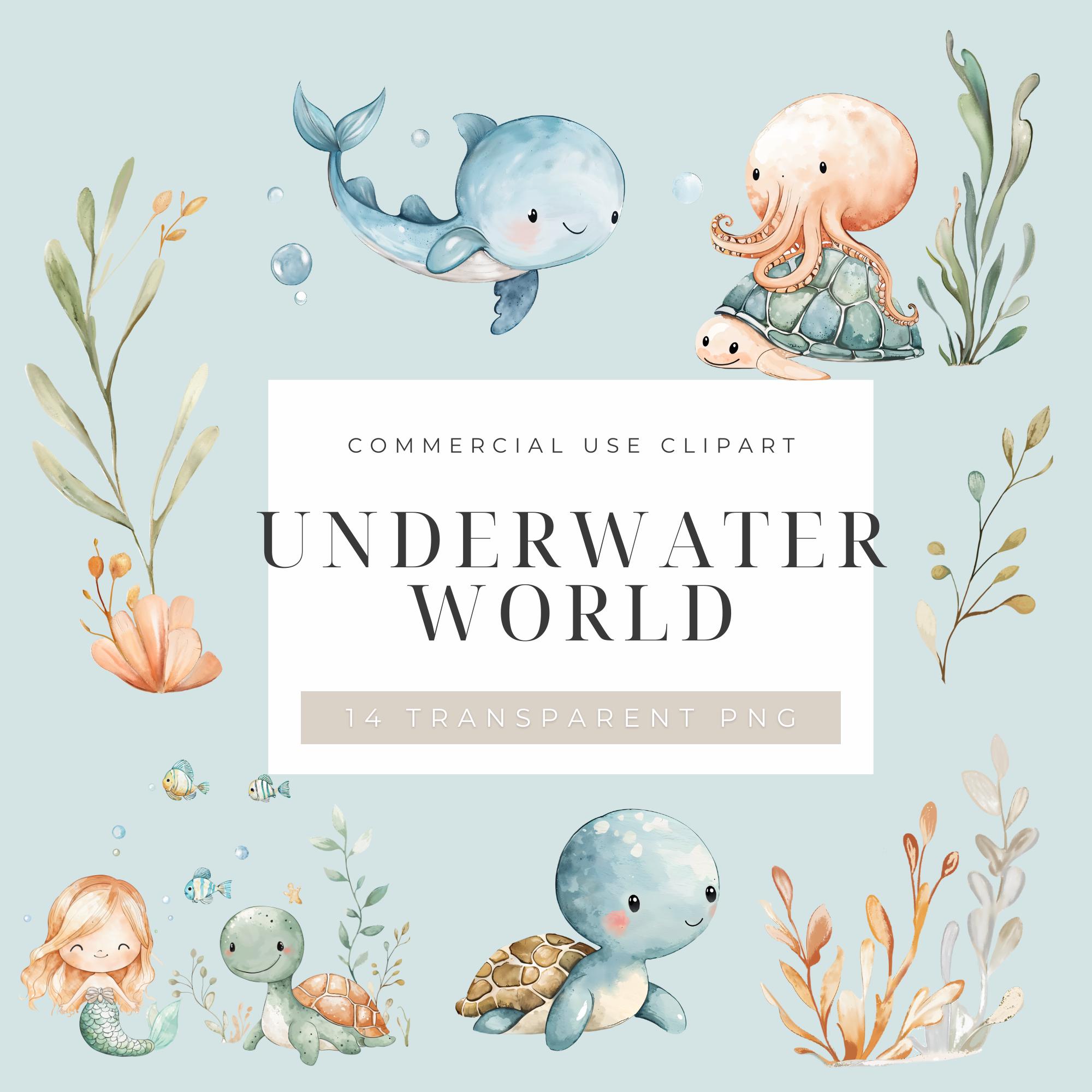 Watercolor Sea Life Clipart - Little Mermaid, Turtles, Fish, Octopus ...