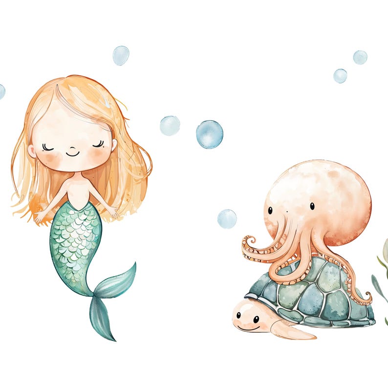 Watercolor Sea Life Clipart - Little Mermaid, Turtles, Fish, Octopus ...