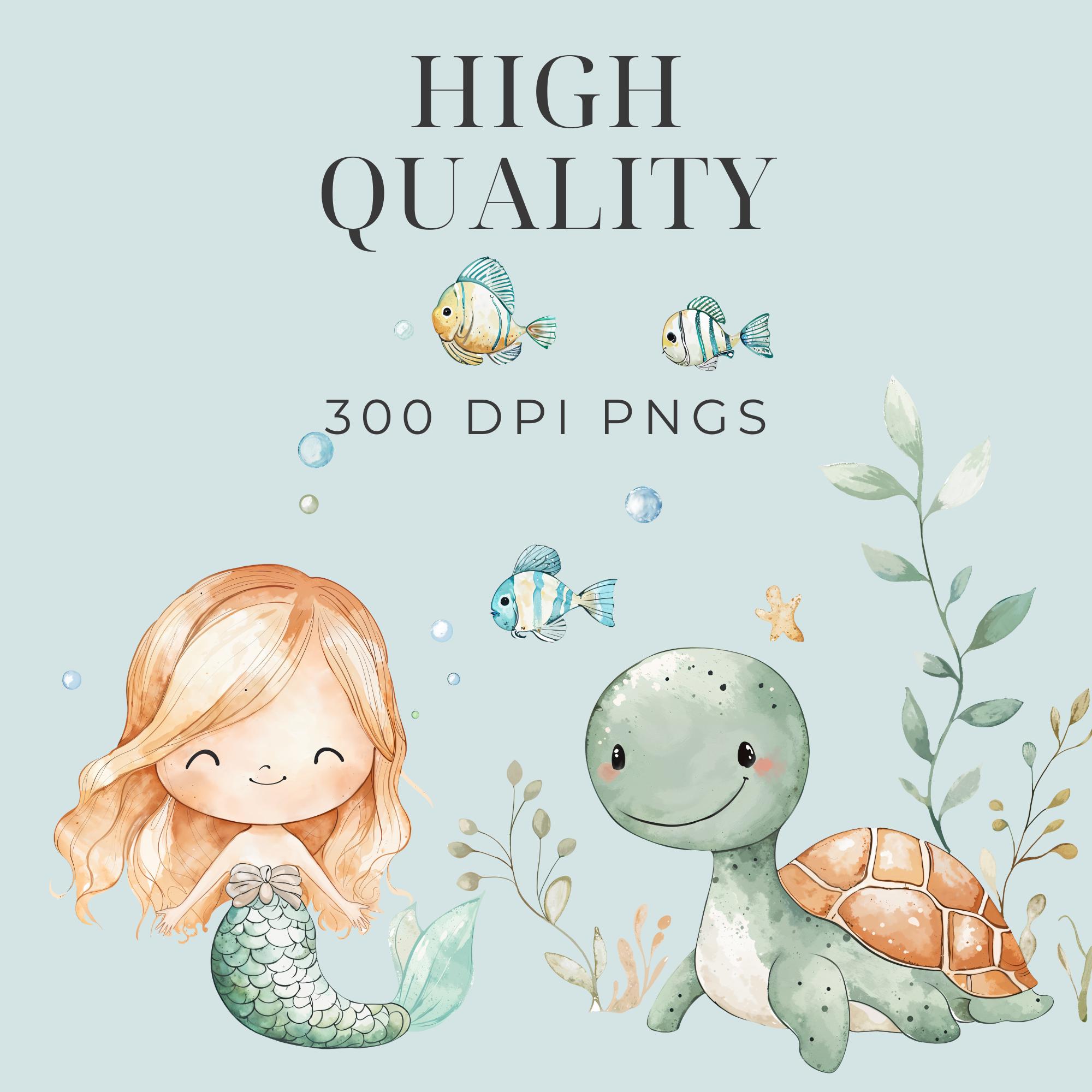 Watercolor Sea Life Clipart - Little Mermaid, Turtles, Fish, Octopus ...