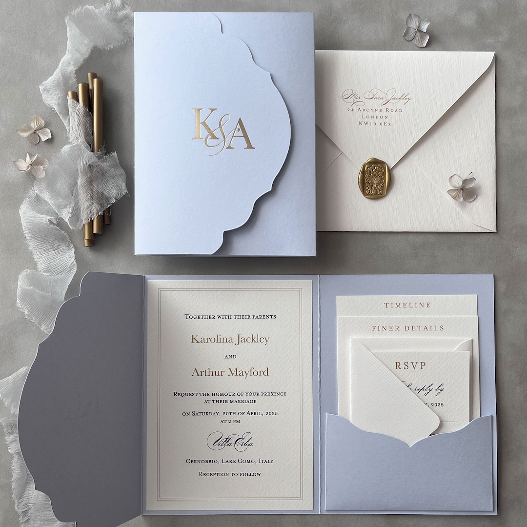 Personalised Sky Blue Pocket Fold Invitation Envelopes | Vintage Style ...