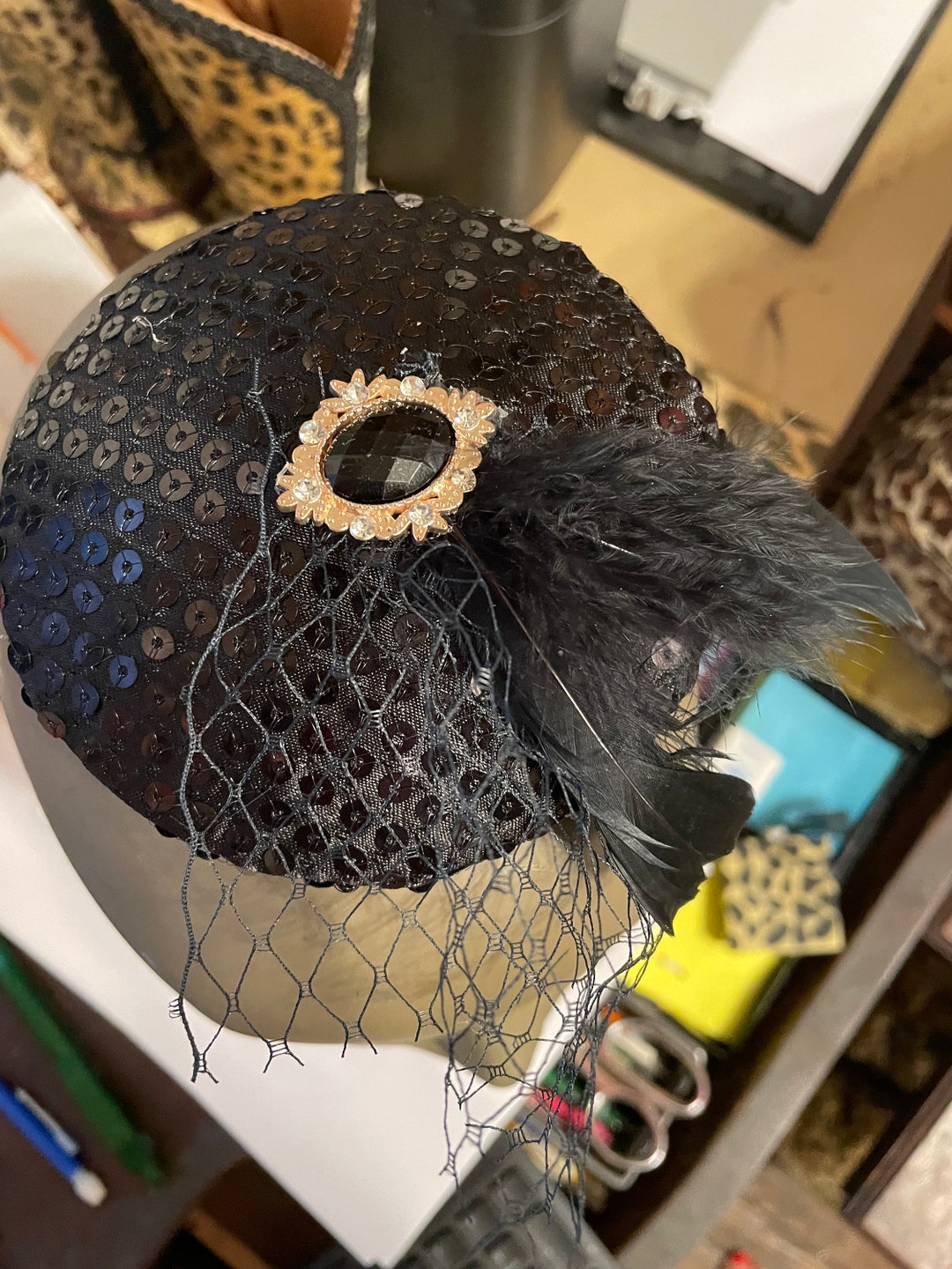 Retro Black Sequin Round Cap Clip-on Fascinator W/ Veil Sprout ...