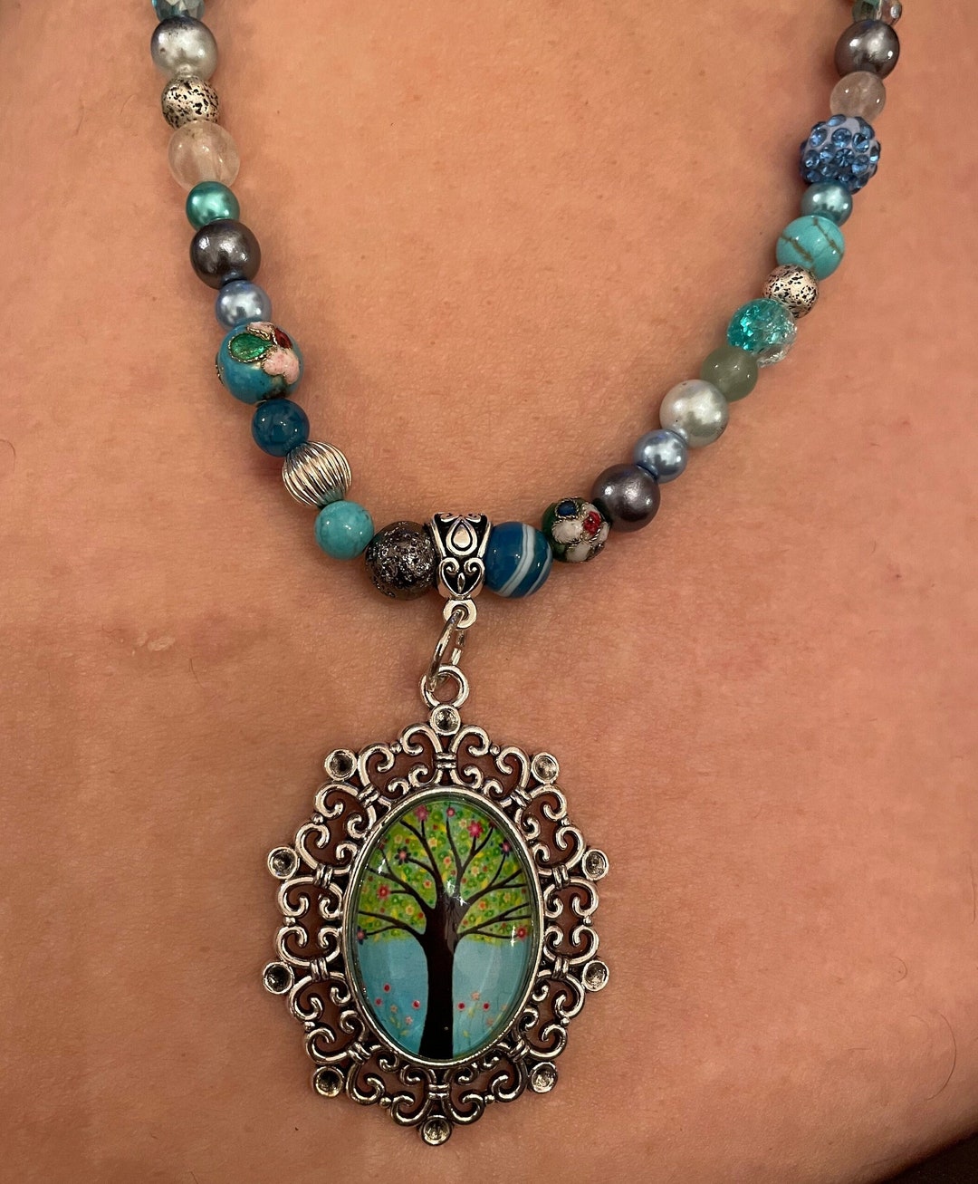 Vintage Turquoise Wishing Tree Oval Cabochon Silver Filigree Pendant ...