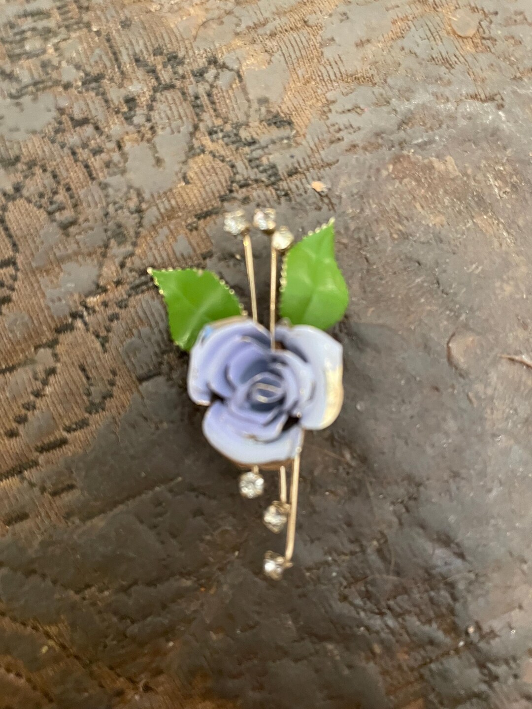 Vintage Blue Flower Green Leaves Gold Stamen W/ Crystals Brass Brooch ...