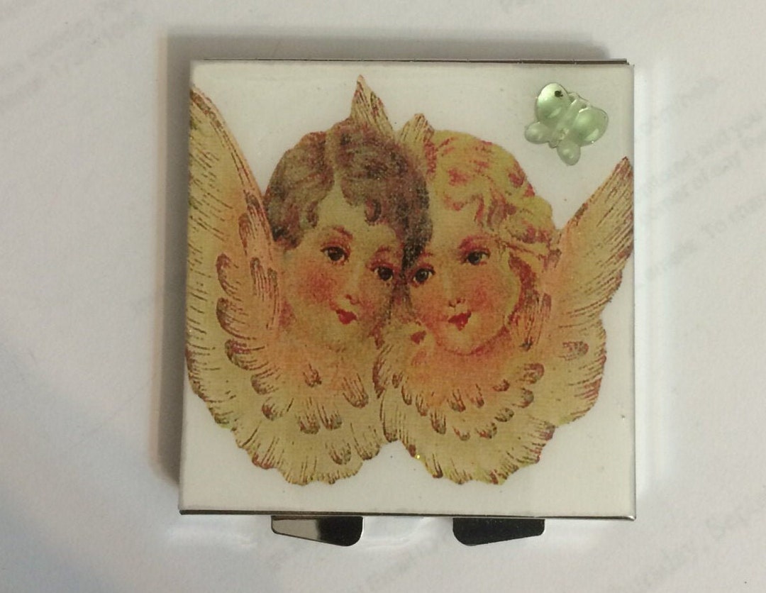 Retro Victorian ANGELS Square Silver Mirror Compact - Etsy