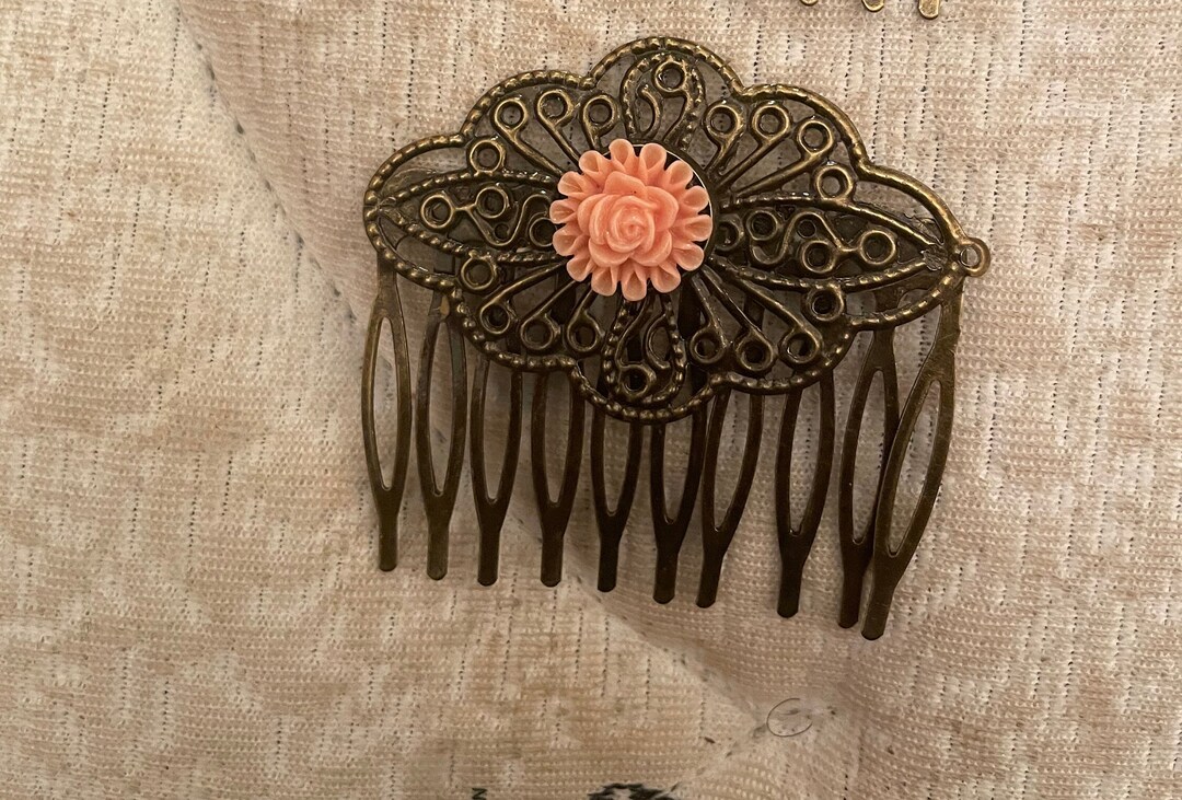 Two 2 Pink Cornelia Flower Cabochon Vintage Bronze Victorian Filigree ...