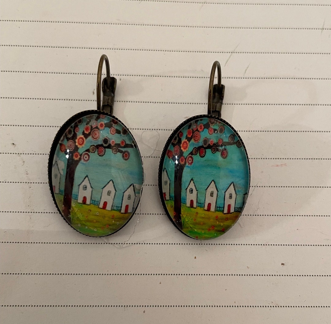 Retro Vintage Brass Oval Wishing Tree Turquoise Blue Cabochon Lever ...
