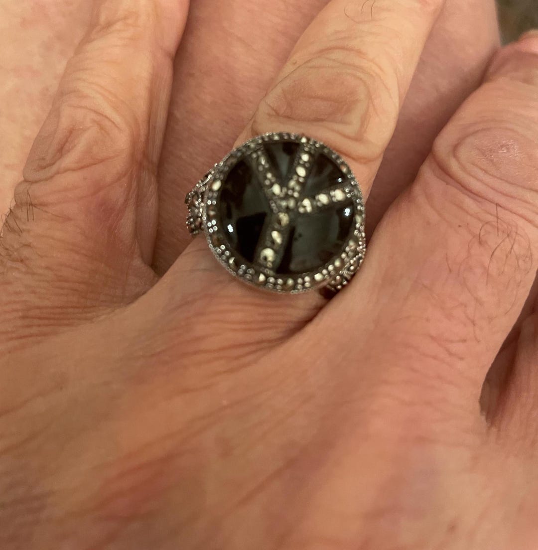 Vintage Black Onyx Crystal Peace Sign Marcasite Filigree Sterling ...