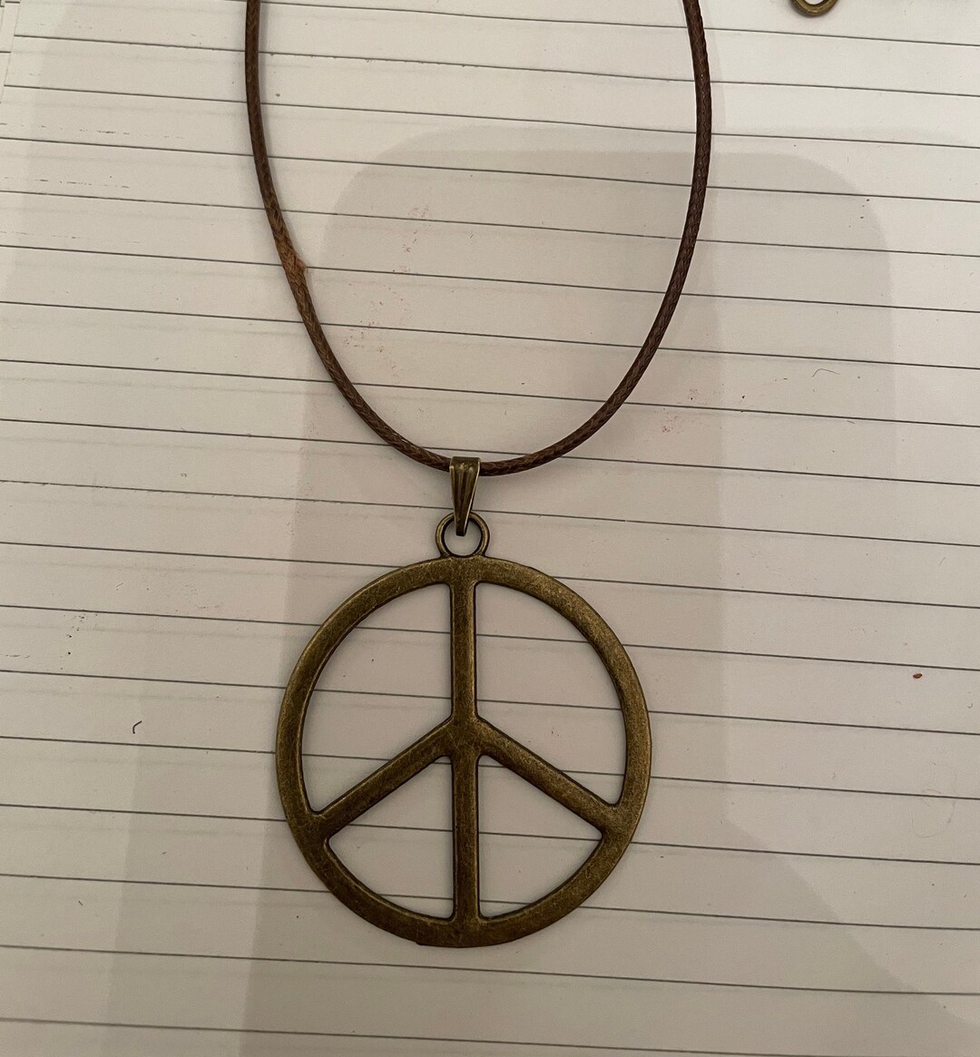 Vintage Brass Large Round Peace Sign Pendant Brown Silk Cord Necklace ...