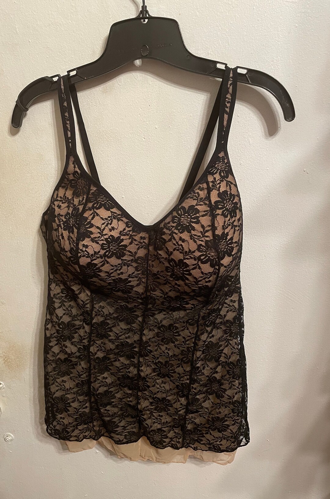 Vintage Fredericks of Hollywood Black Lace W/ Beige Nylon Underlay ...