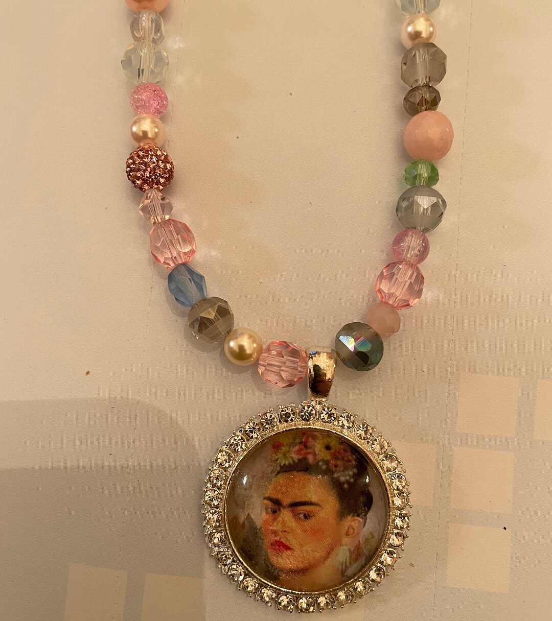 Retro Frida Flower Round Silver Crystal Pendant Pink Aqua Crystal Pearl ...