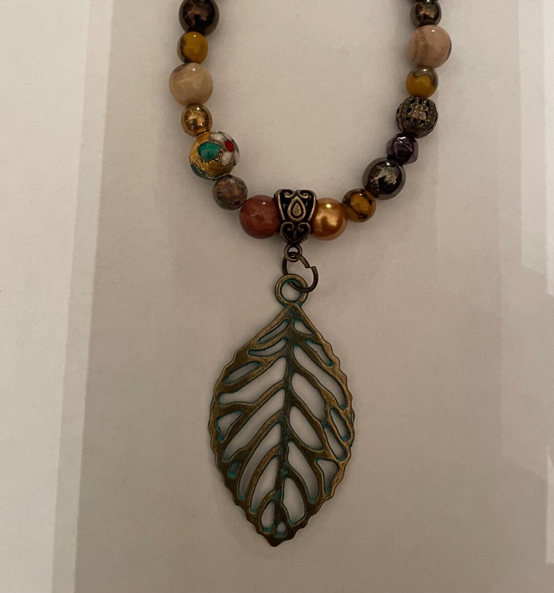 Vintage Patina Verdigris Brass Leaf Pendant Jasper Tiger’s Eye Crystal ...
