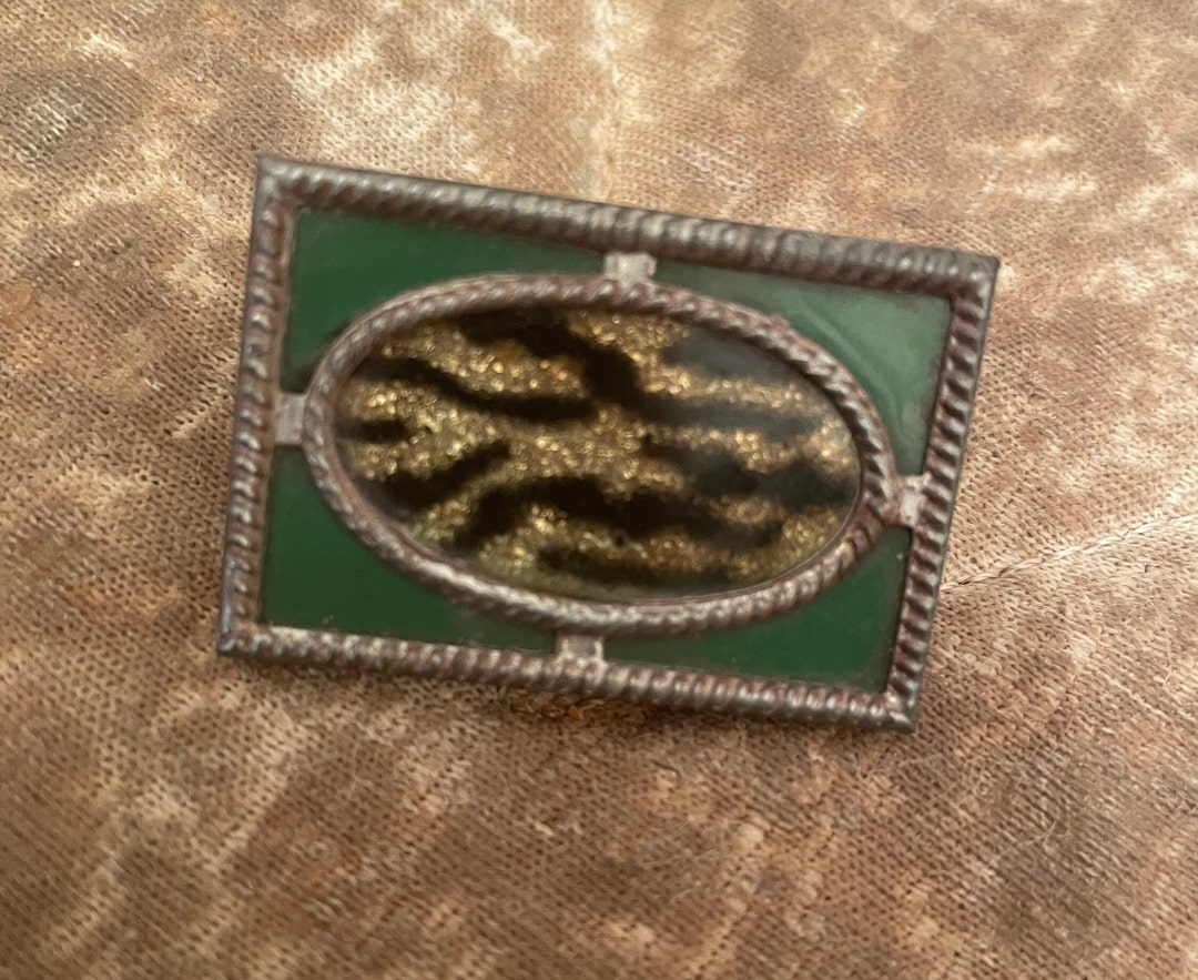Vintage Art Deco Rectangle Beveled Brass W/ Oval Gold/black Tigre Inset ...