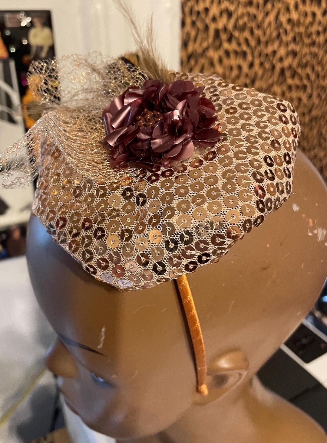 Retro Gold Sequin W/ Gold Spider Tulle Feather Wisp Slender Headband ...