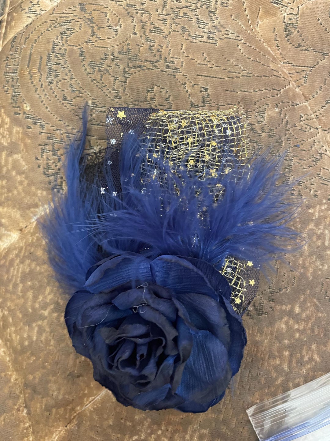Retro Vintage Blue Fliwer W/ Celestial Star Glitter Gold Tulle Marabou ...