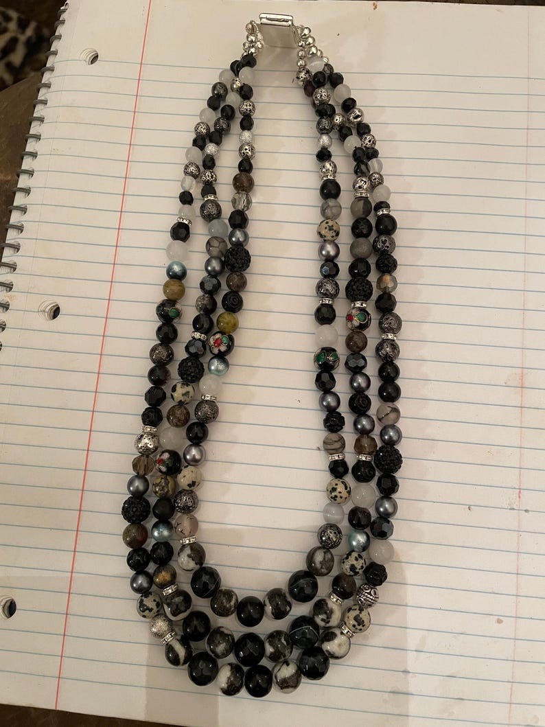 Retro Black/ivory Jasper Dalmation Quartz Crystal Bead 3-strand ...