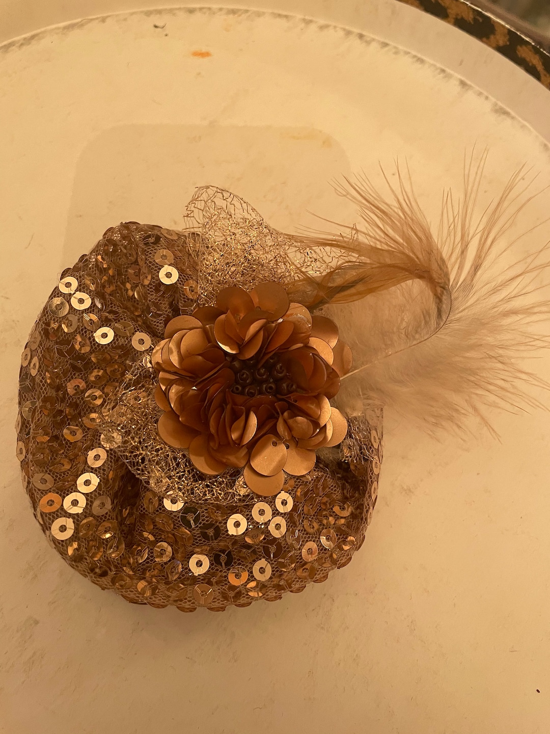 Retro Gold Sequin W/ Gold Spider Tulle Feather Wisp Fascinator Hair ...