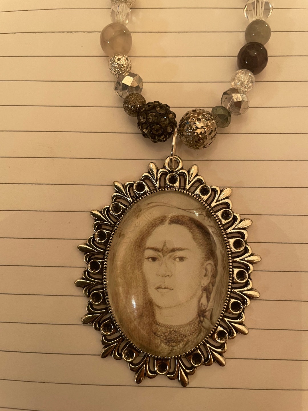 Retro Frida Medieval Silver Spike Oval Pendant Gray Hematite Jasper ...