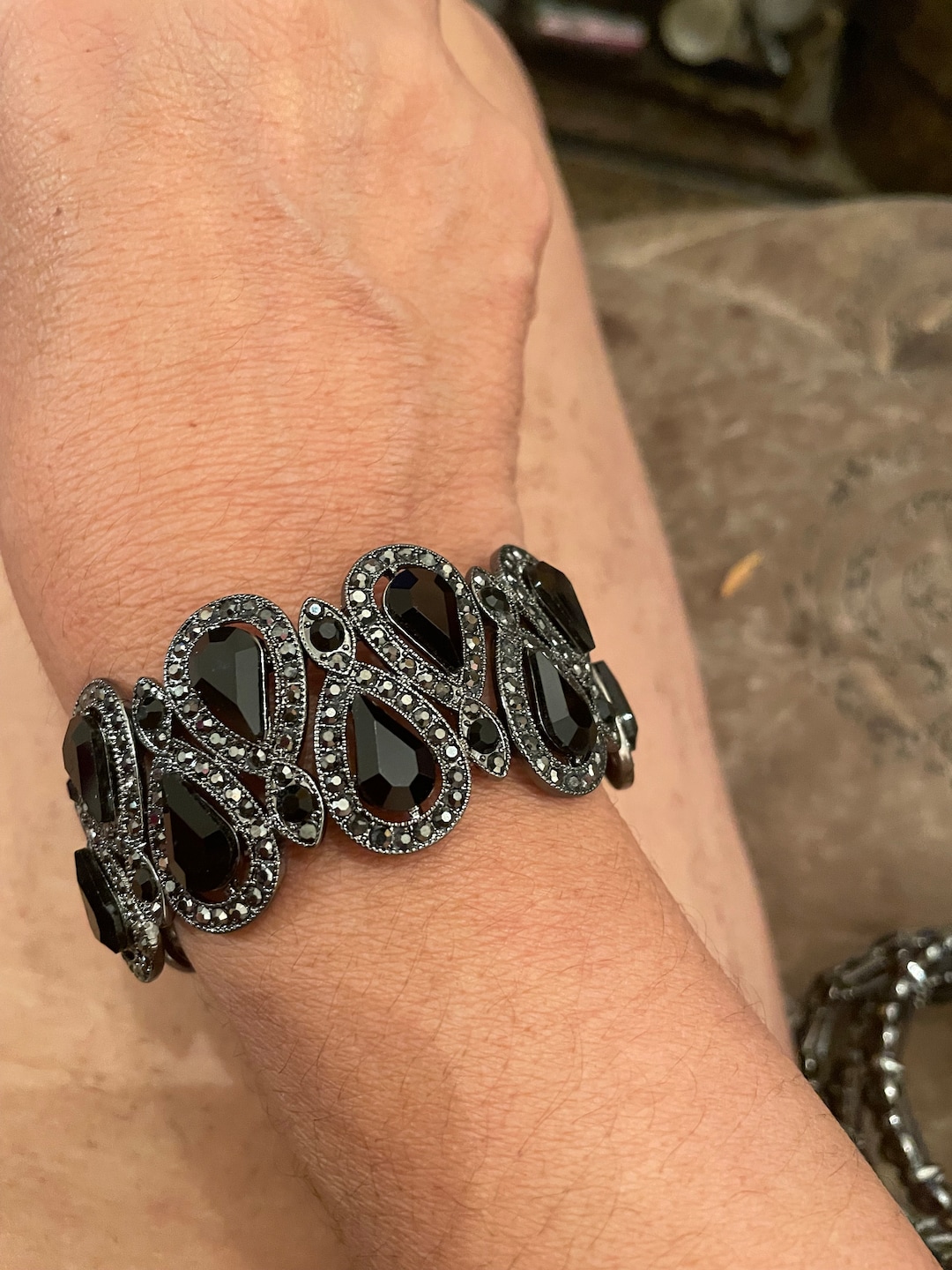 Vintage Art Deco Gatsby Glam Jet Black Teardrop Crystal Gunmetal Elasticized Bracelet - Etsy
