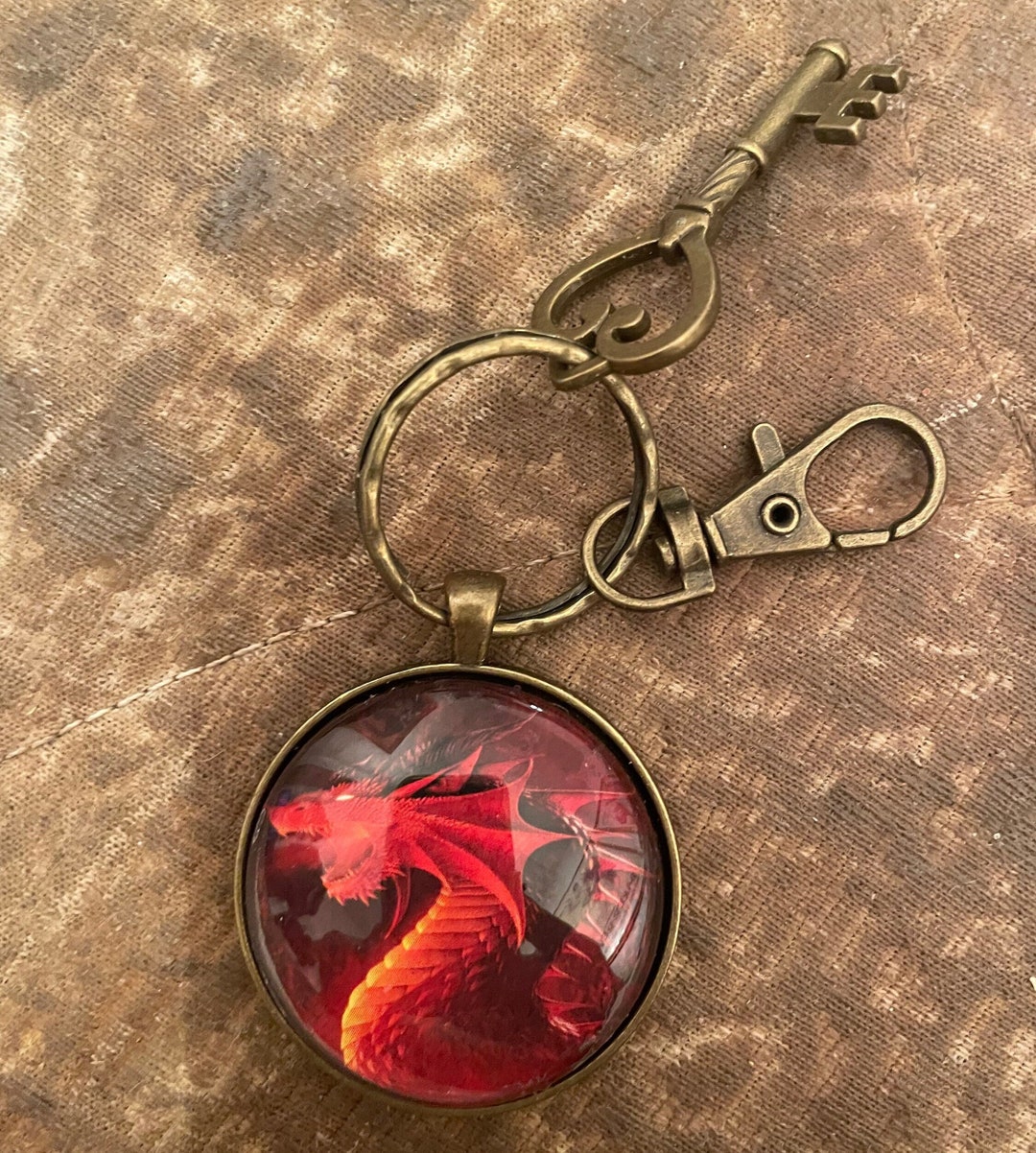 Gothic Red Dragon Large Round Vintage Bronze Key Chain, Swivel Clip ...
