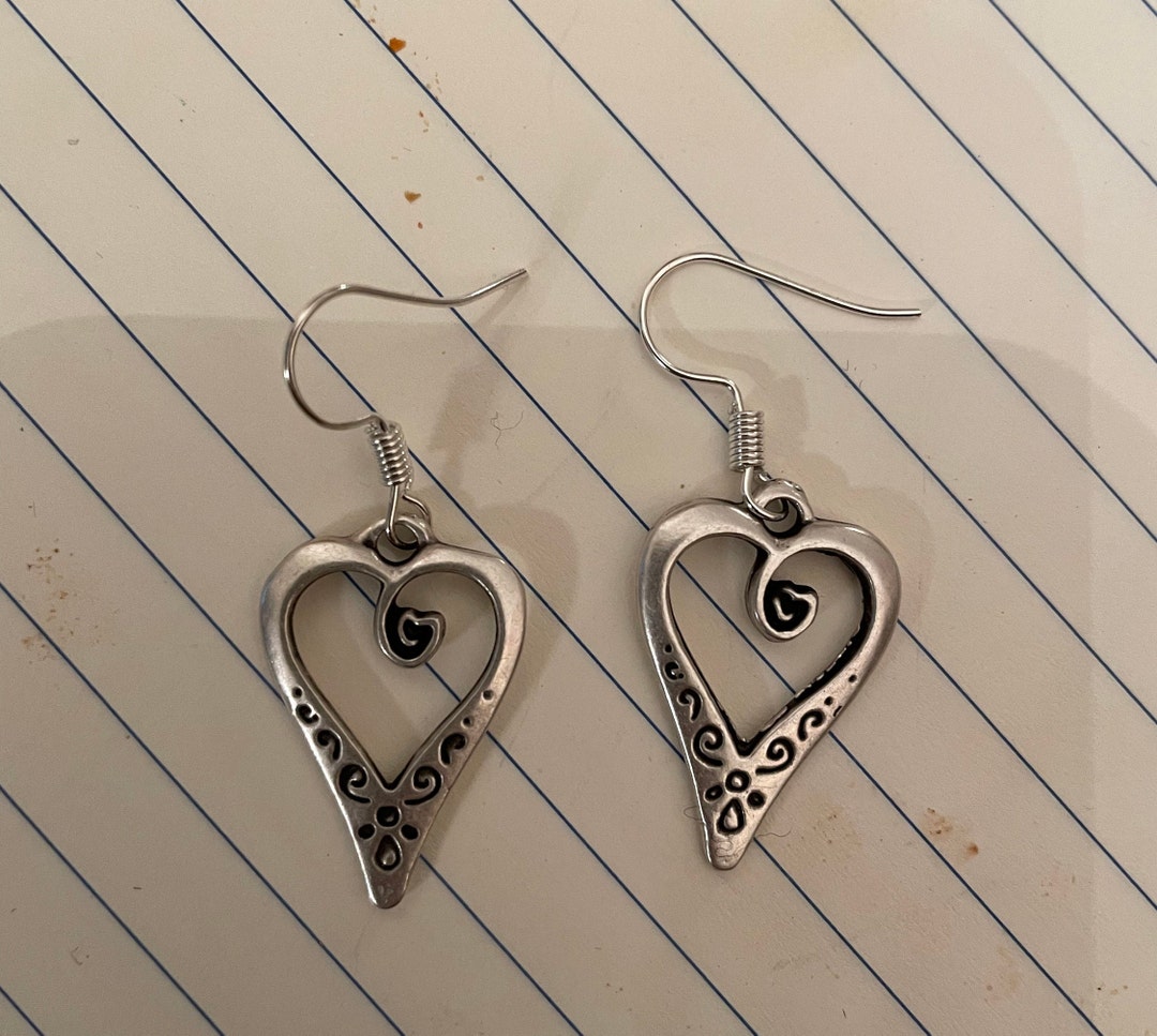 Retro Silver Curlique Heart French Wire Earrings - Etsy